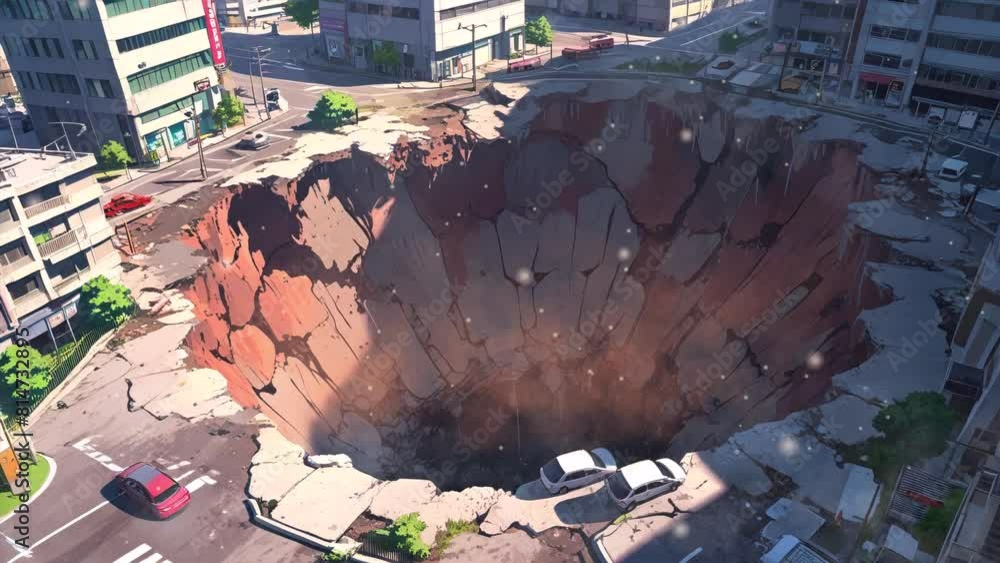 A cartoon landscape depicts the aftermath of a city earthquake, with ...