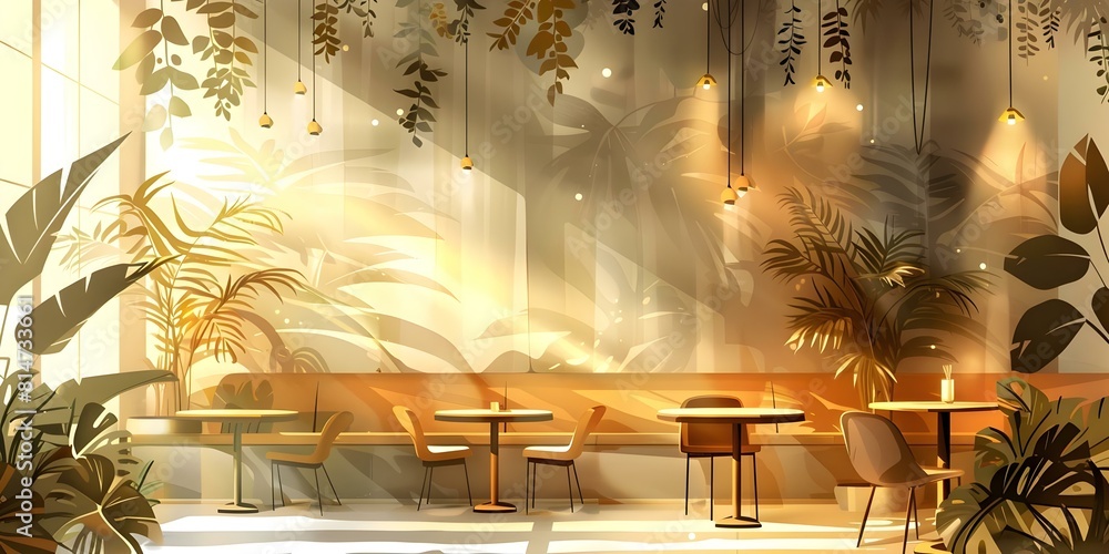 Anime-themed cafe background with plants for video game design or ...