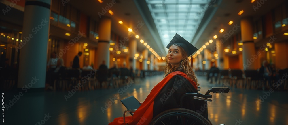 Portrait of a recently graduated university student in a wheelchair ...