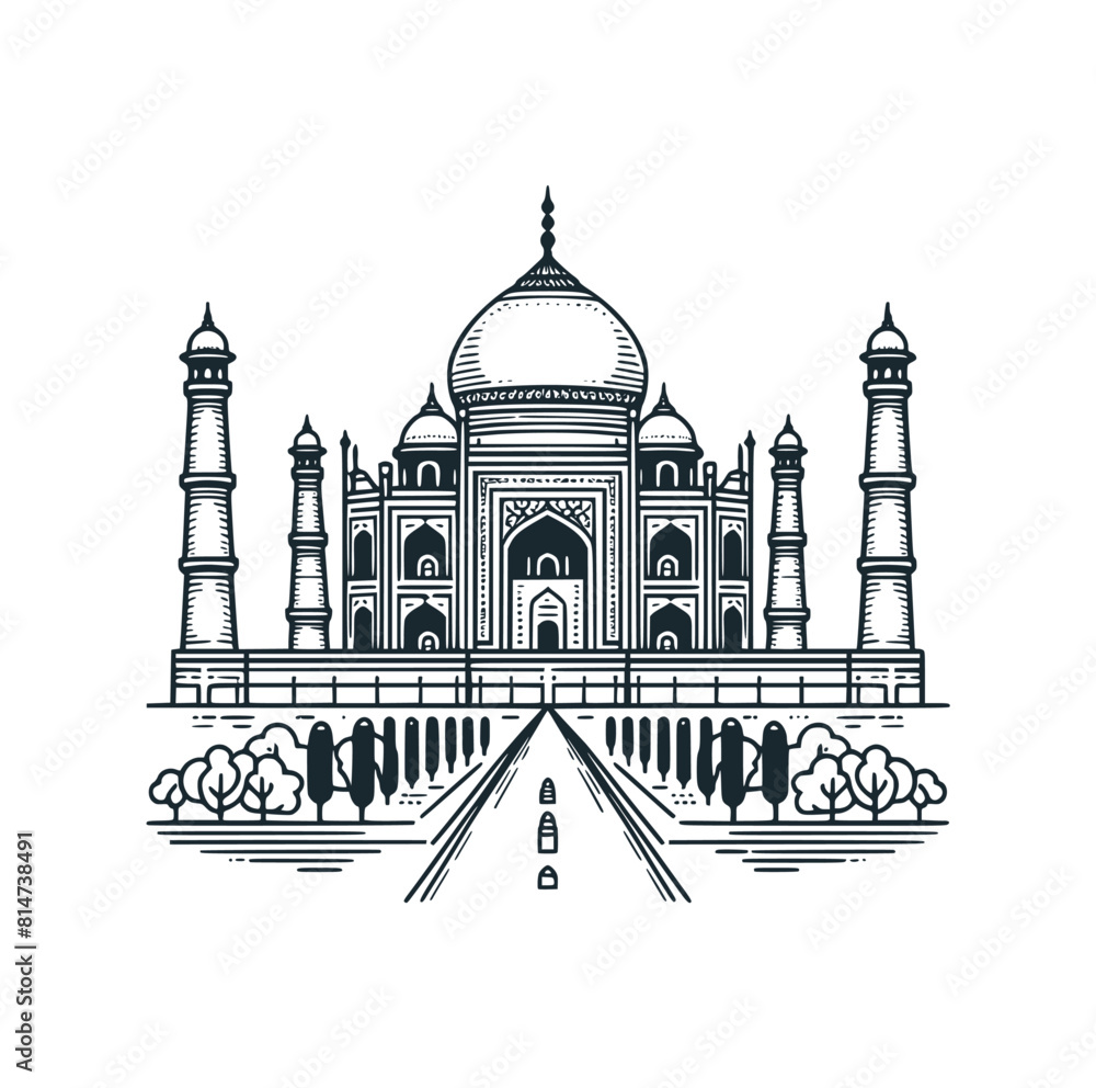The Taj Mahal building of India. Black white vector illustration. Stock ...