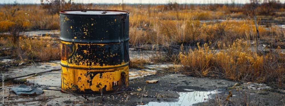 Oil barrel on the ground in open field, desert grassland background ...