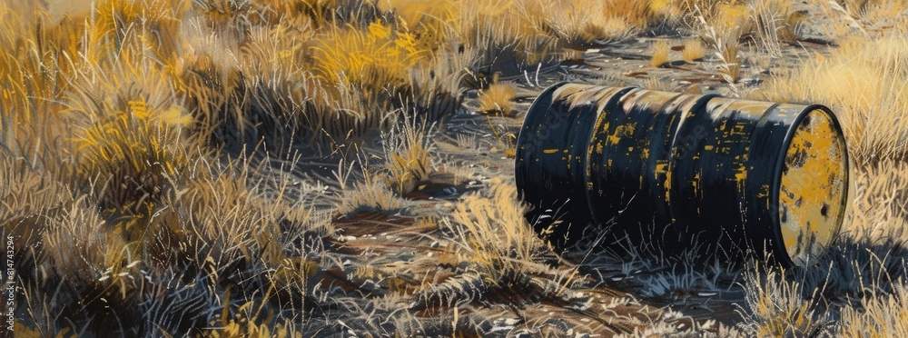 Oil barrel on the ground in open field, desert grassland background ...