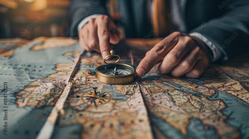 Photo of a businessman using a giant compass on a map marked with ...