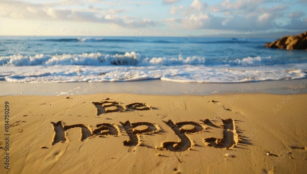 Be happy written in the beach sand with a smiley face drawn, sea in the ...