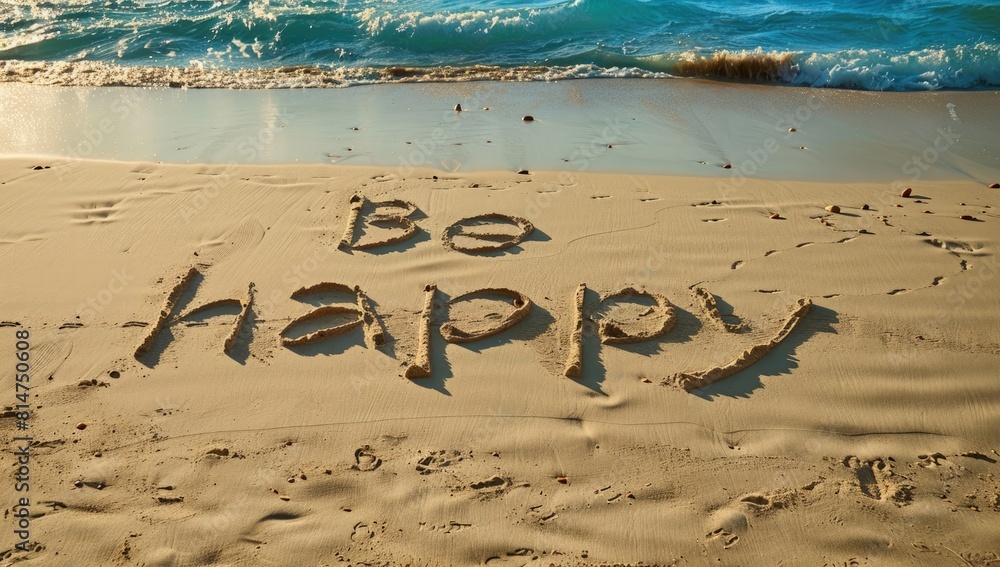 Be happy written in the beach sand with a smiley face drawn, sea in the ...
