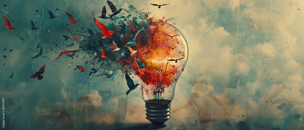 Surreal depiction of a light bulb with paint splashes that transition ...