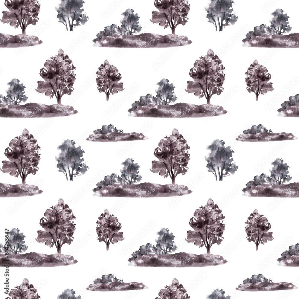 Landscape with field, meadow, bushes, trees, hills seamless pattern ...