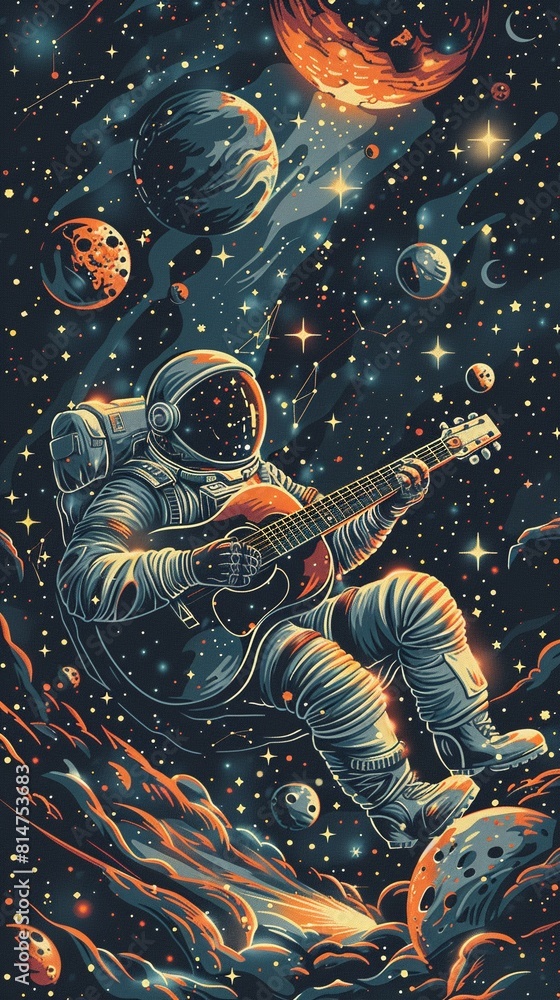 Design a fabric print featuring astronauts playing instruments in outer ...