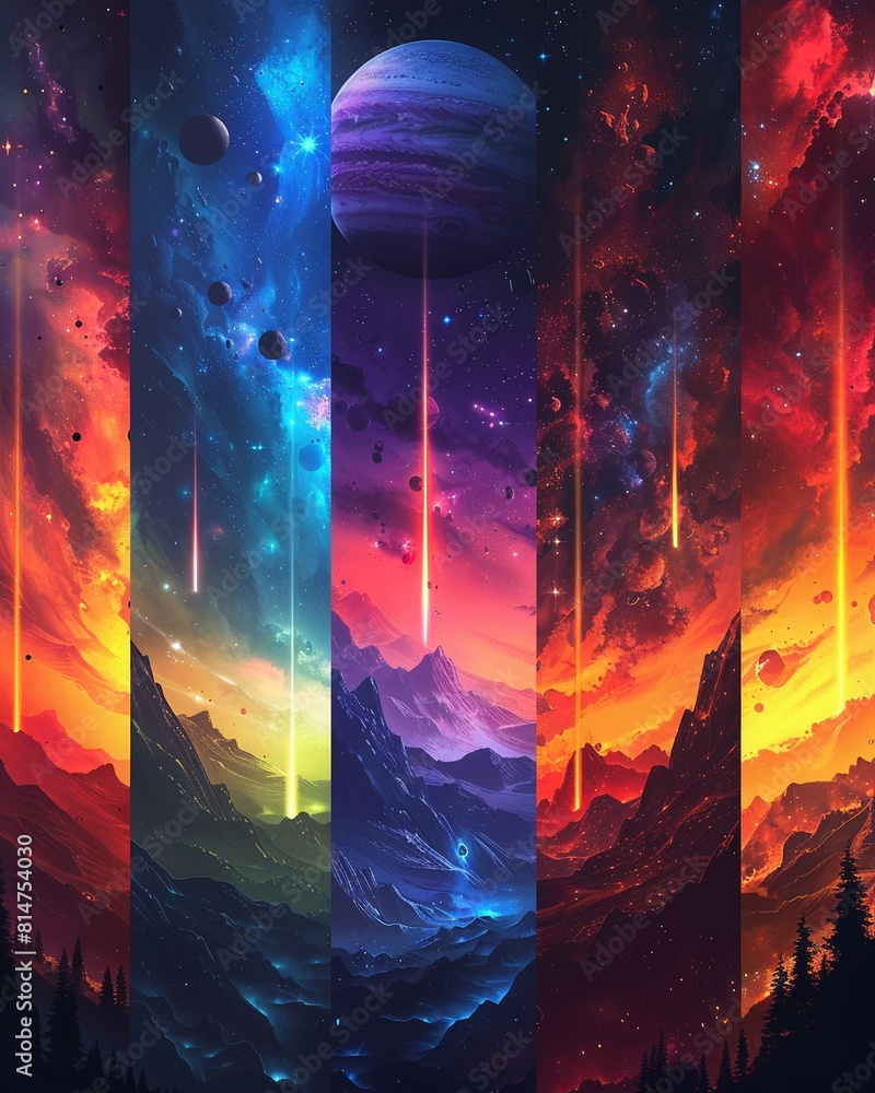 Design a series of album covers featuring synthesizers and planets in a ...