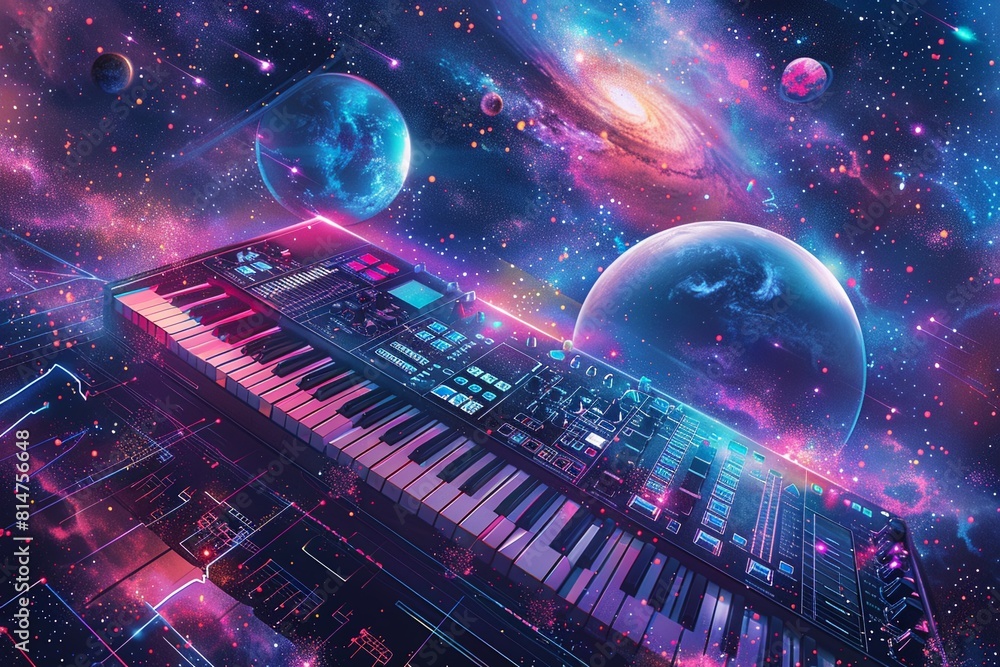 Create a poster featuring a graphic of synthesizers and planets ...
