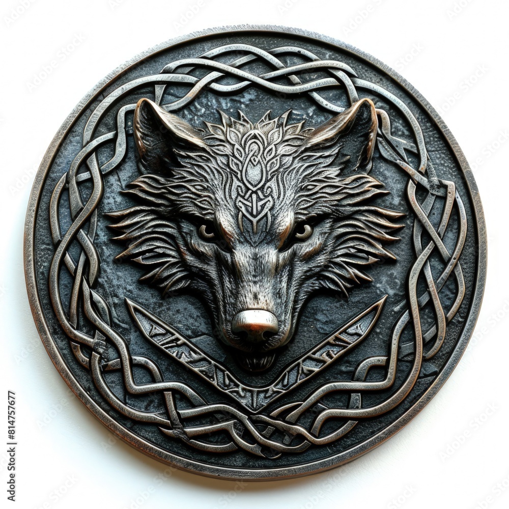 Silver round badge with wolf head in the center, logo, fantasy, white ...