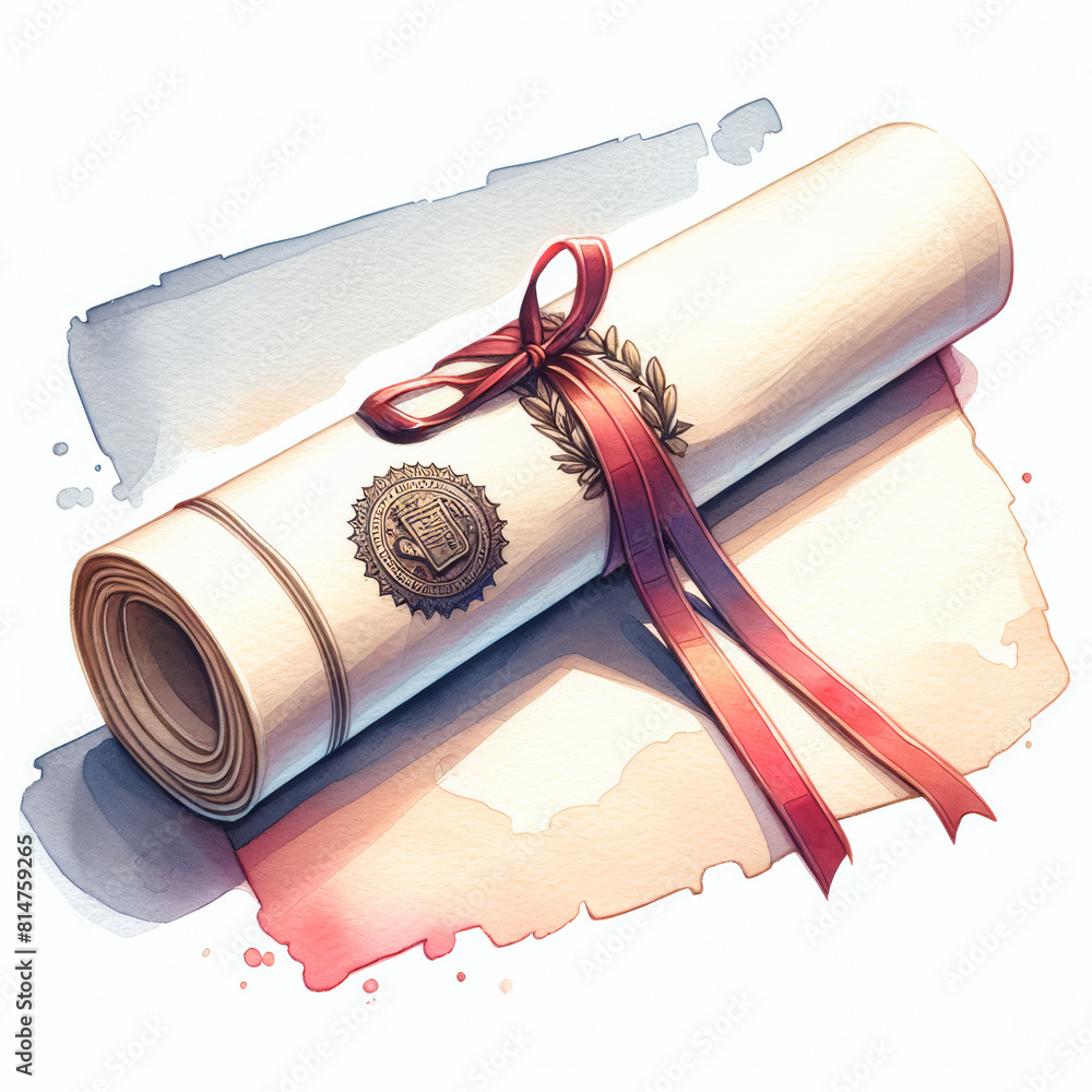 Elegant watercolor illustration of a rolled diploma with a red ribbon ...