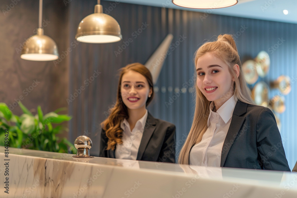 Smiling hotel receptionists welcomes a client at the counter. Beautiful ...