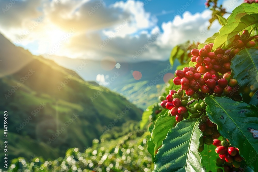 Coffee plant with red coffee beans on a tree in the mountains, closeup ...