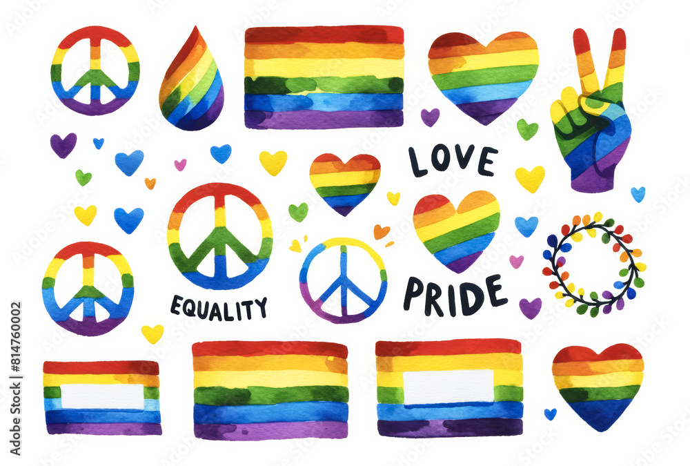 Colorful watercolor LGBTQ+ pride symbols collection, featuring peace ...