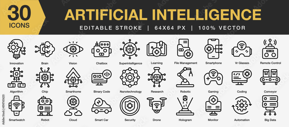 Set of 30 Artificial Intelligence icon sets. Editable Stroke Icon ...