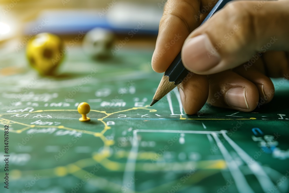 Hand with pencil marking strategy on detailed football playbook with ...