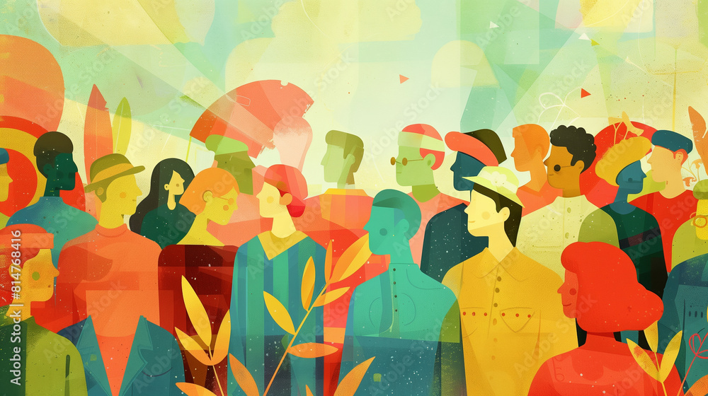 Stylized illustration of a diverse crowd with colorful and abstract ...