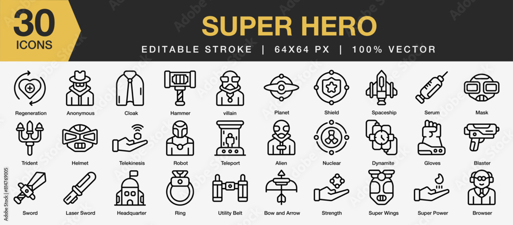 Set of 30 Superhero icon sets. Editable Stroke Icon Collection ...