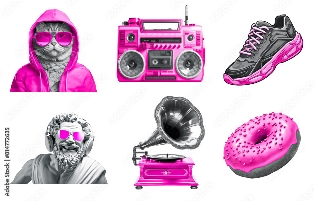 Set of retro, party, fun objects in trend duo tone design on png ...