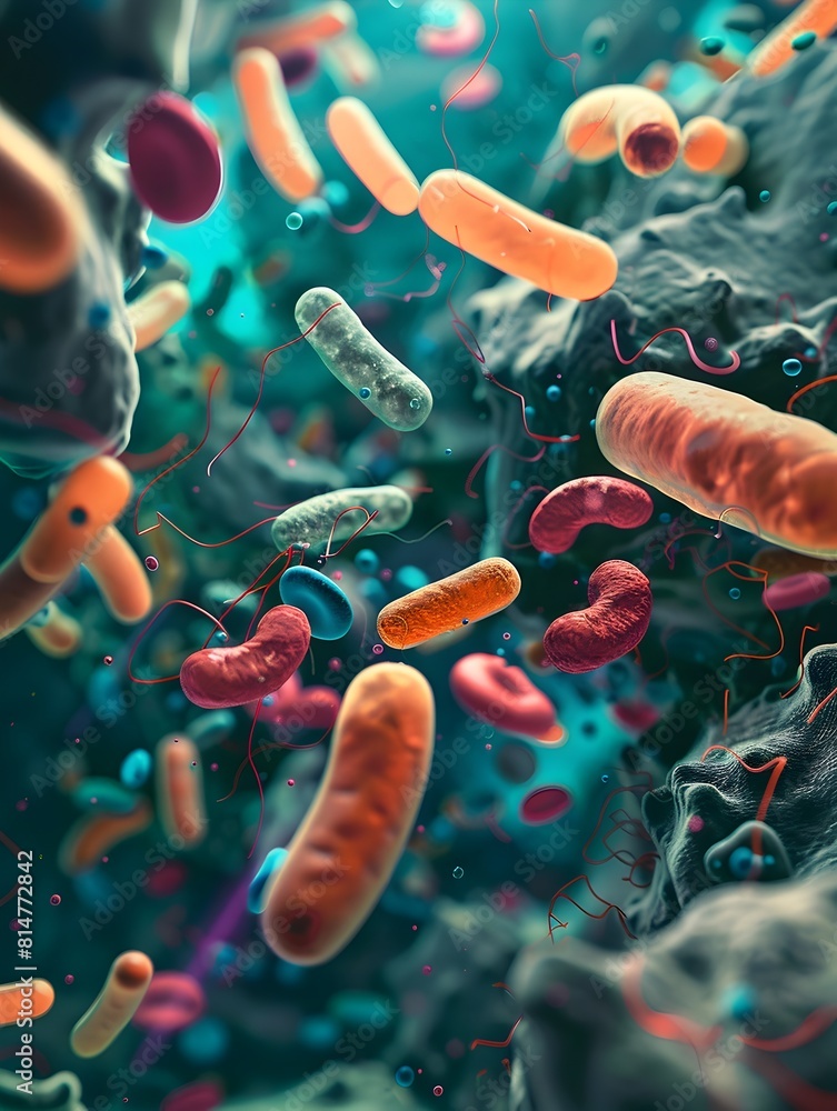Colorful microscopic view of anaerobic bacteria producing biogas from ...