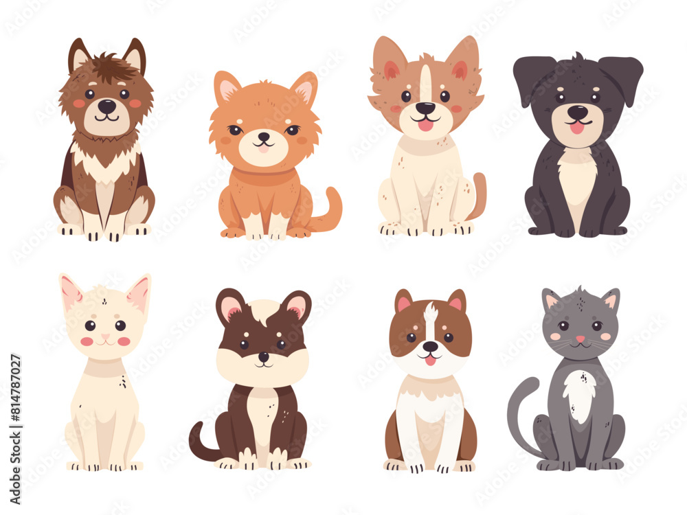 Set of vector illustrations of cute and funny pets in flat style ...