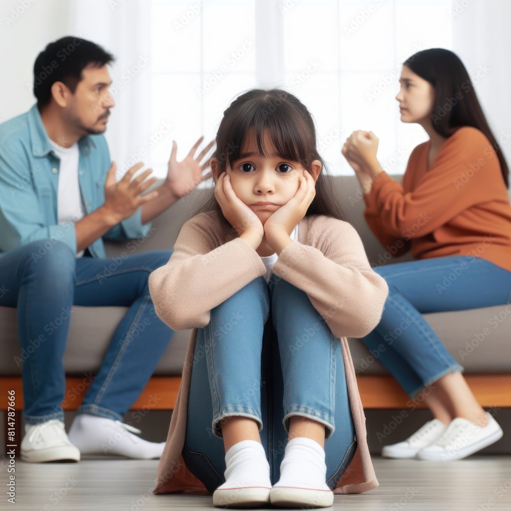 Scared girl child feel stressed with parents argue and fight at home ...