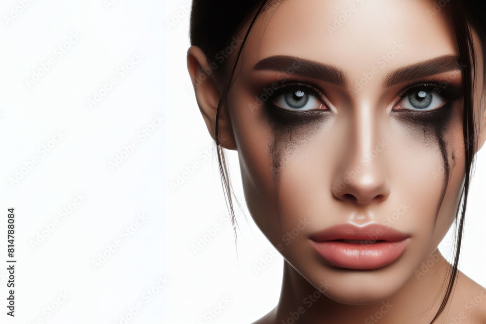 Woman with crying eyes with smudged black make-up Isolated on white ...
