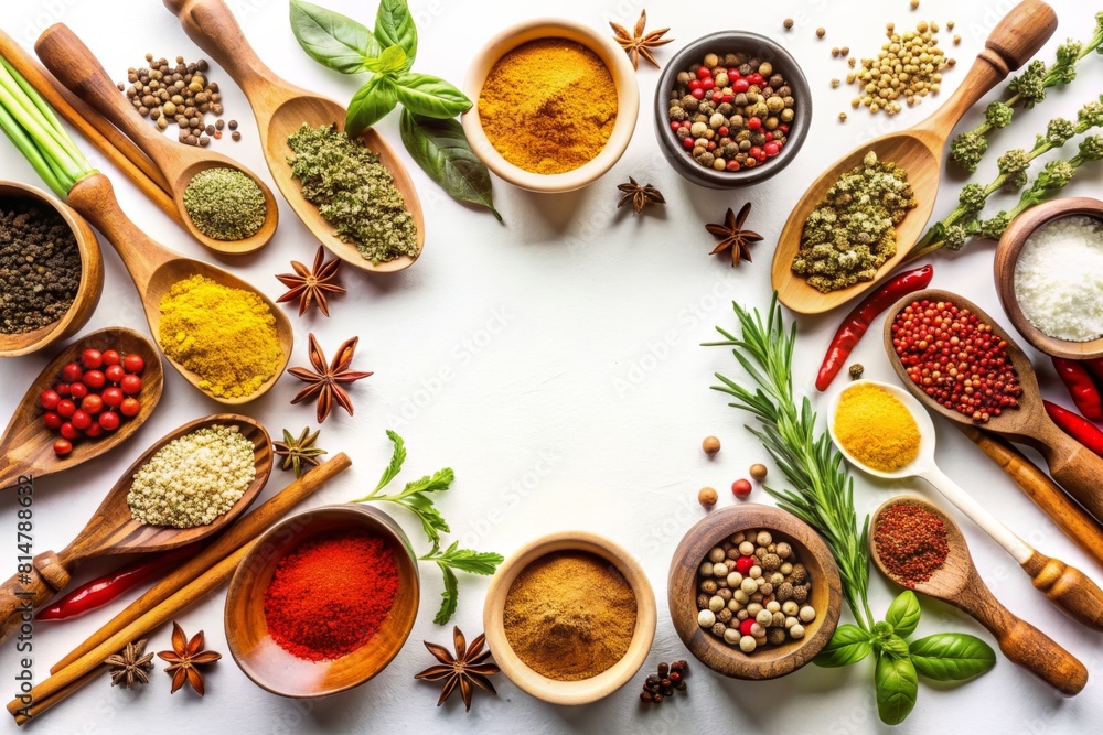 Food background with spices, herbs and utensil on white background ...