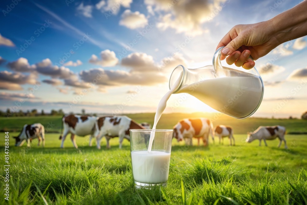Pouring fresh milk from pitcher into the glass with grass field and ...