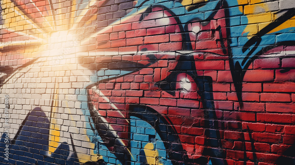 Pop art comic street graffiti with a lens flare on a brick wall. Retro ...