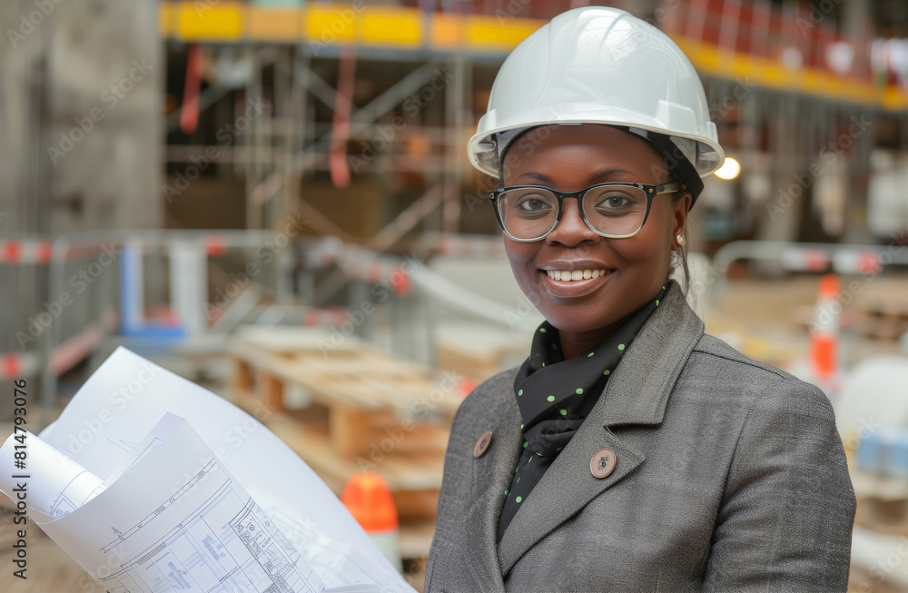 African-American female construction manager in grey blazer and hard ...
