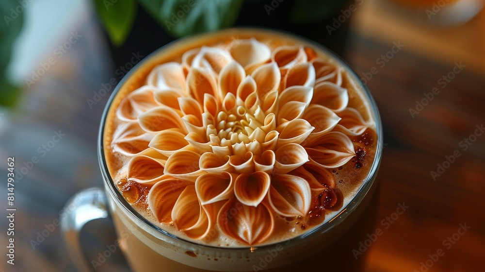 The coffee latte with its artistic flower design is a beautiful example ...