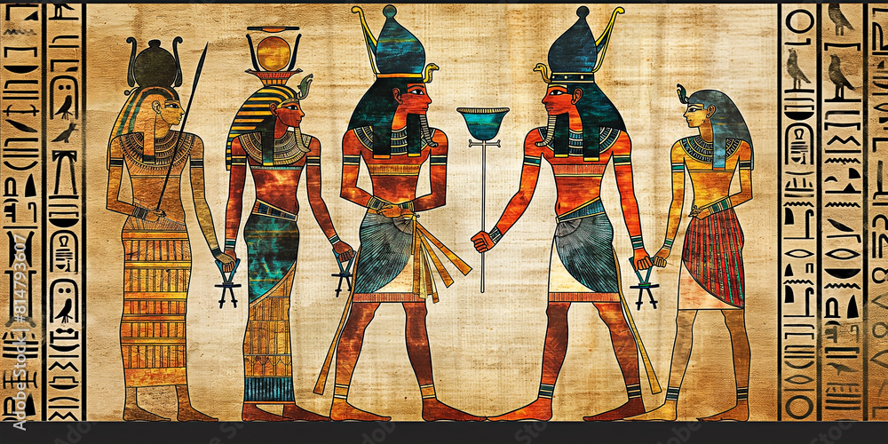 Depiction of pharaohs and gods from Ancient Egypt on a papyrus or wall ...