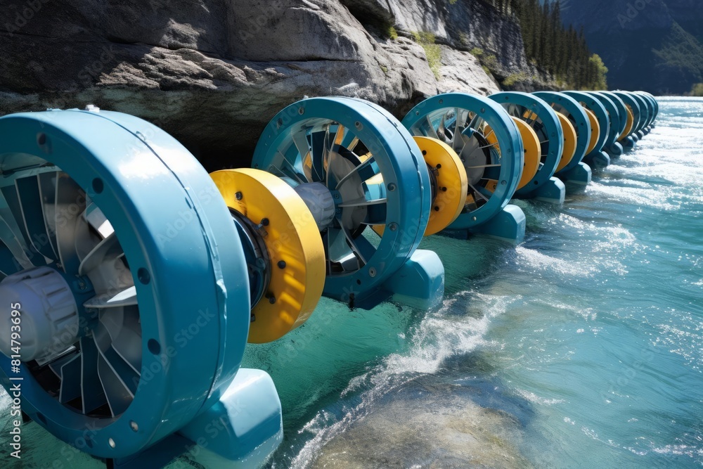 A row of tidal stream generators positioned in a fastmoving water ...