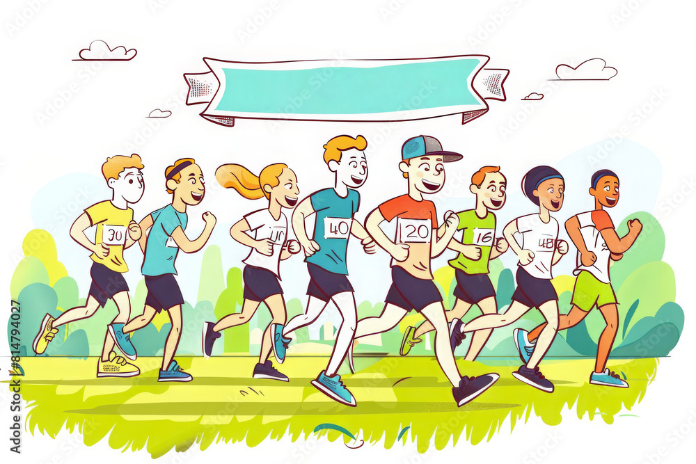 cartoon illustration of runners with race numbers, happily running ...