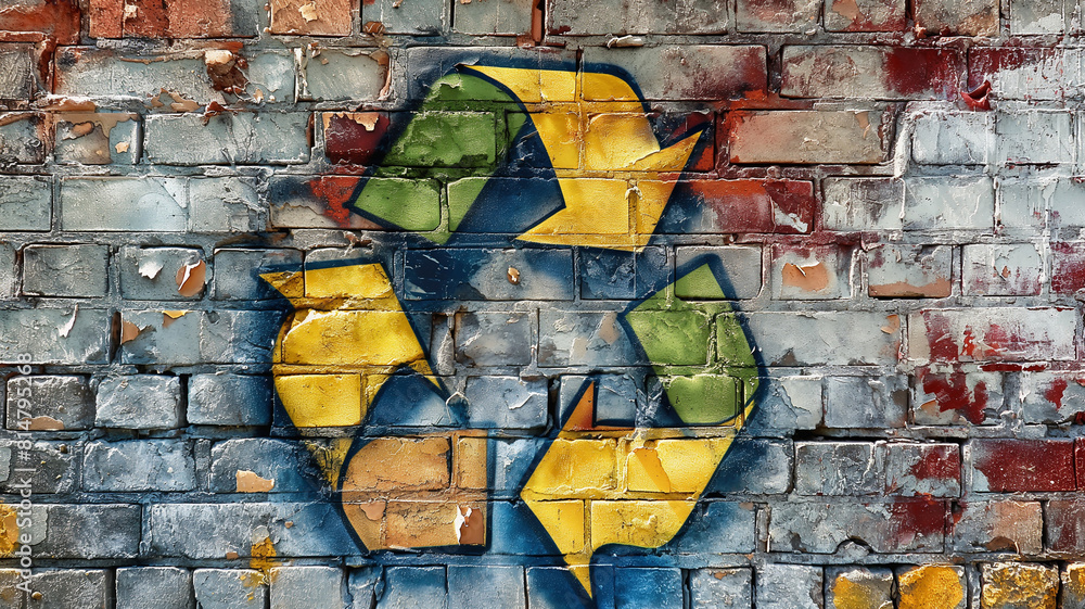 Pop art comic street graffiti with a recycle sign on a brick wall ...