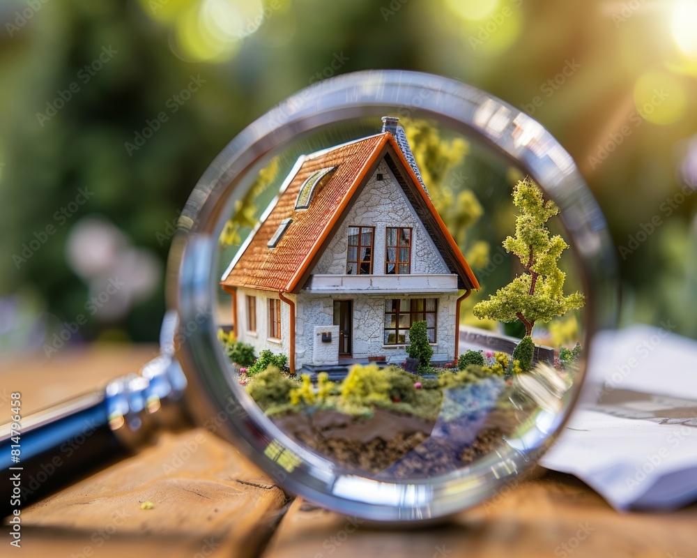 Real estate exploration. magnifying glass reveals house model ...