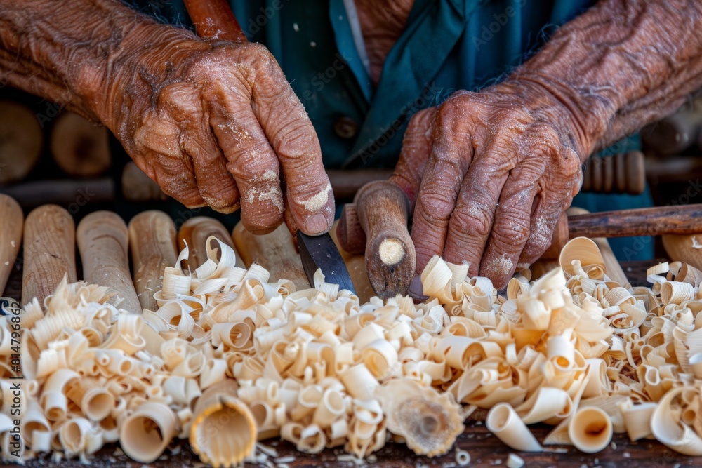 Detail shot of hands carving wood, Experienced hands, whittling wood ...