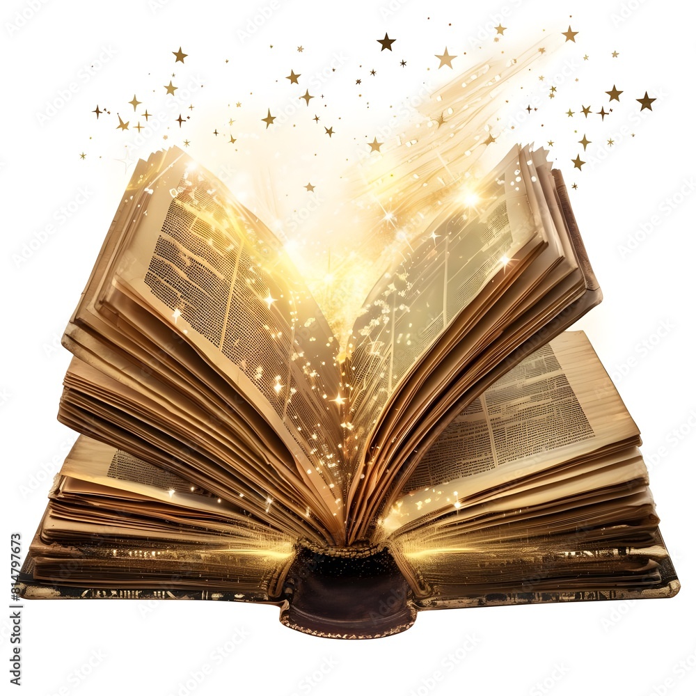 open magic book with glitter and stars coming out of the middle on ...