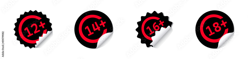 Paper black circle stickers with an age restriction of 12+ to 18+ with ...