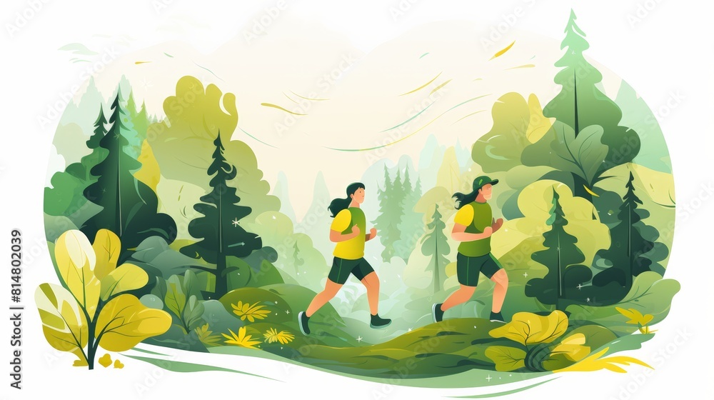 Two people running in a forest with trees in the background. Children ...