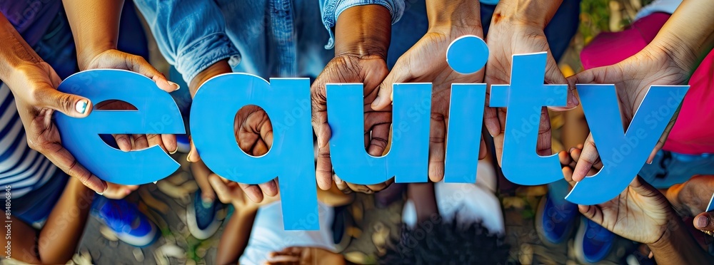 A diverse group of people holding up letters spelling out "EQUITY ...