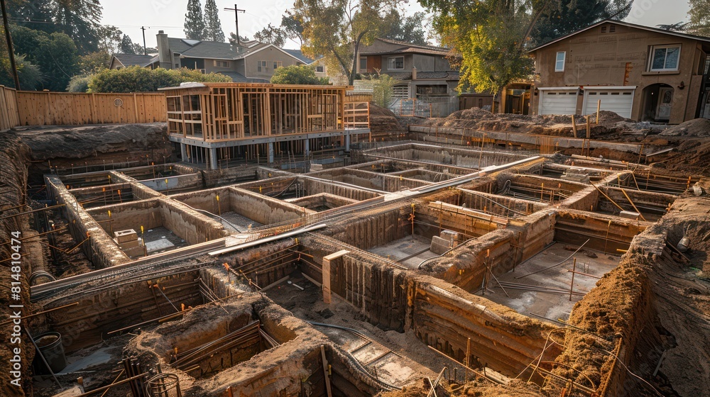 Large construction site where multiple foundation slabs are prepared ...