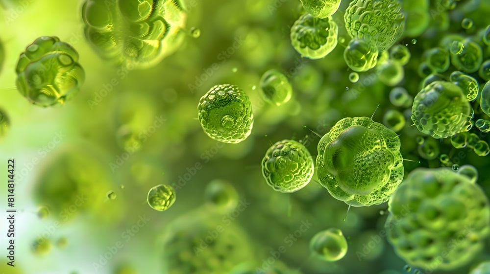 Microscopic view of green algae cells used for biofuel production ...
