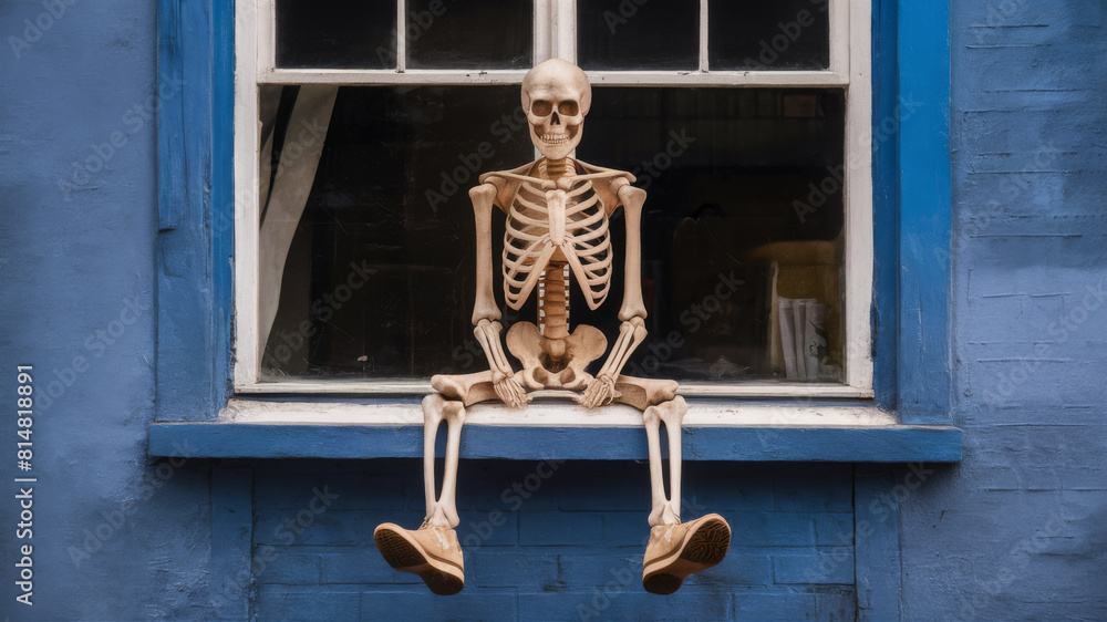 Skeleton sitting on the window of a blue building Stock Illustration ...