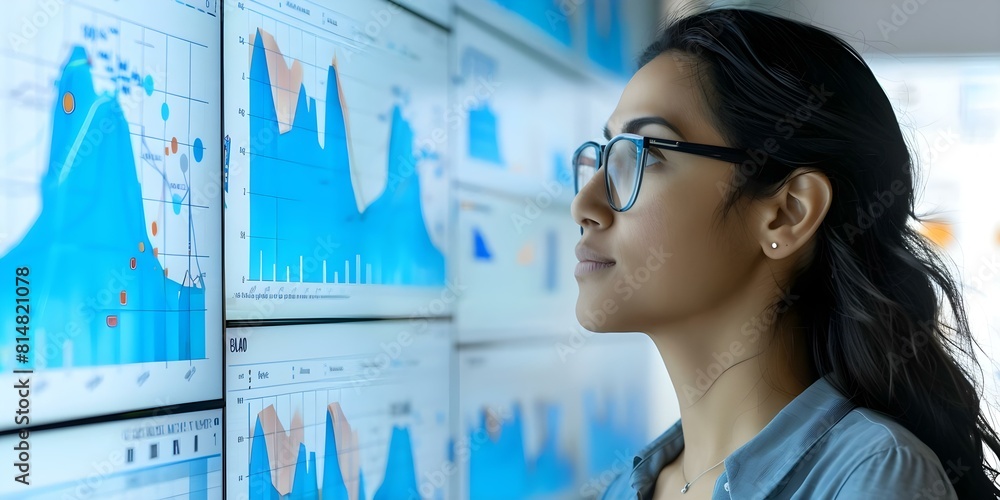 Senior Hispanic female data scientist reviews risk management reports on big screen. Concept ...