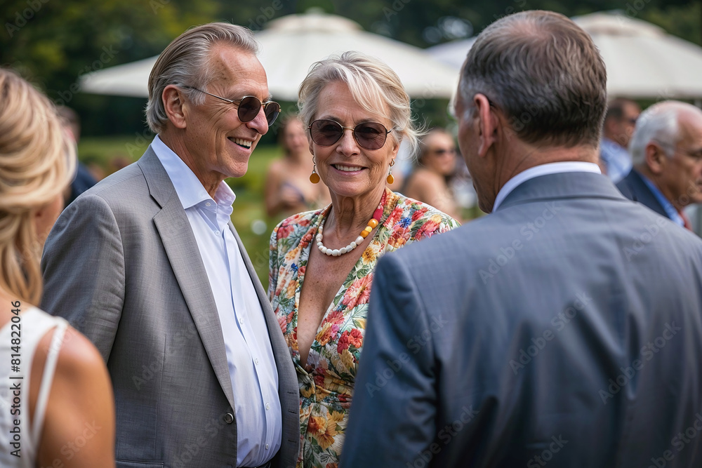 Well dressed elderly men and women socializing at a garden party ...