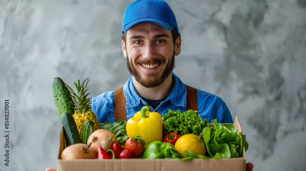 Food Delivery man in blue uniform holding fruit and vegetable shopping ...