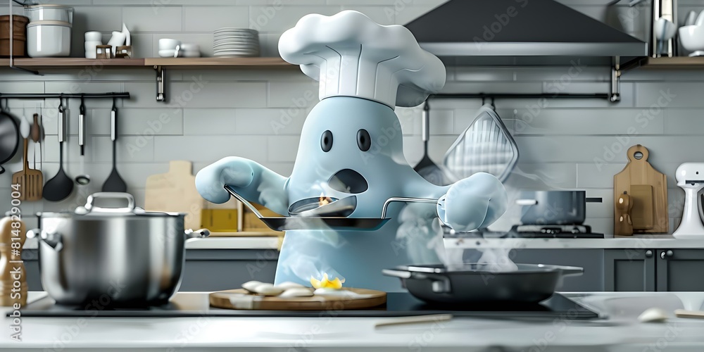 Cute D ghost chef having fun cooking in a luxurious kitchen. Concept ...